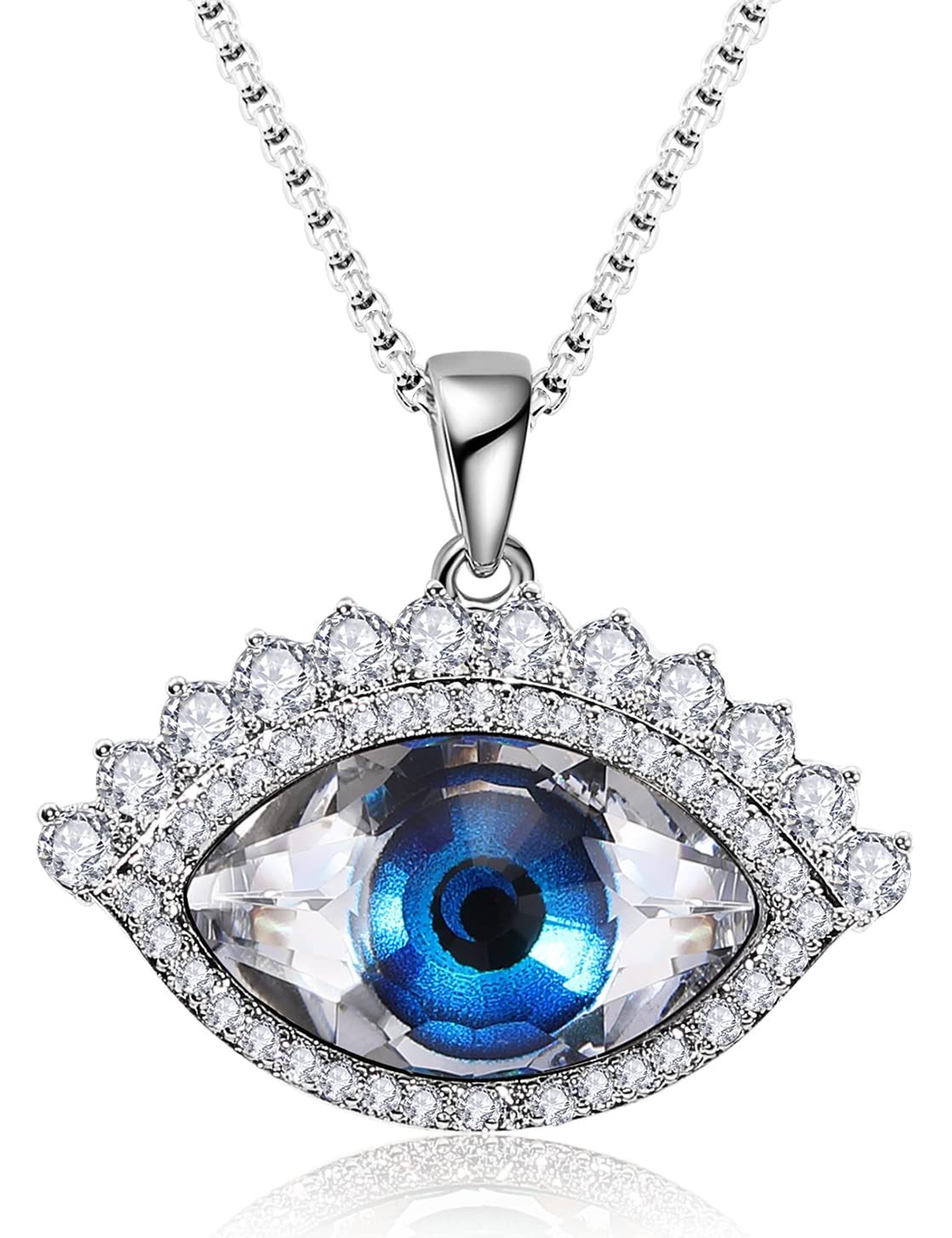 Richapex Evil Eye Pendant Necklace 18K White gold Plated Necklace Pure Crystal Eye Pendant Protection Necklace Ojo Turco Greek Protection Jewelry for Women