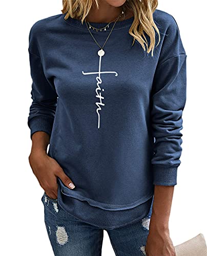 Womens Casual Funny Faith Spirituality Graphic Crewneck Sweatshirt Long Sleeve Loose Pullover Tops Shirts (Navy,Medium,US,Alpha,Medium)