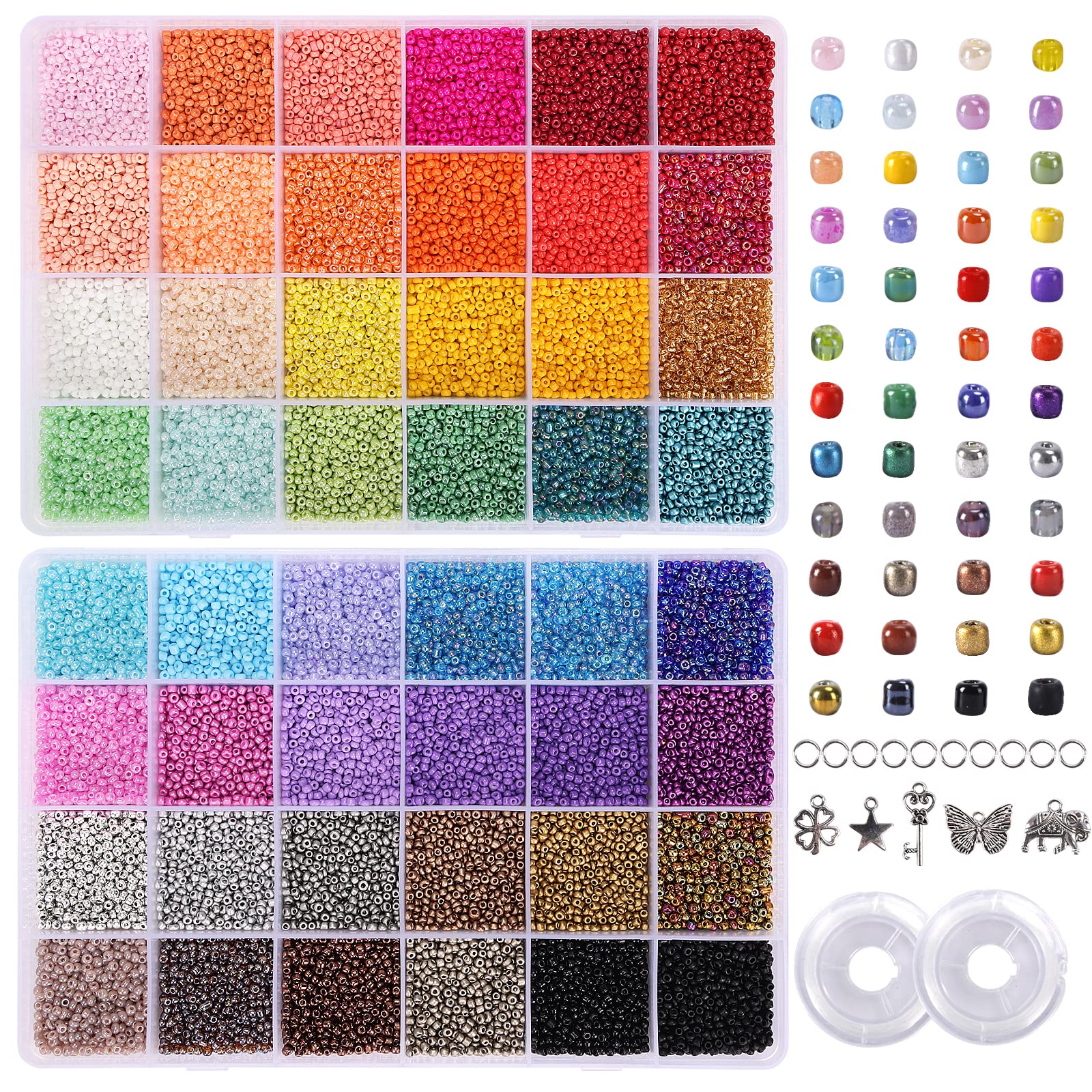 Quefe 44000pcs 2mm Glass Seed Beads for Bracelet Making Kit, 48 Colors Small Beads, Craft Beads Kit for Jewelry Making, with 2 Storage Boxes, Charms, Jump Rings and Clear Elastic String Cord