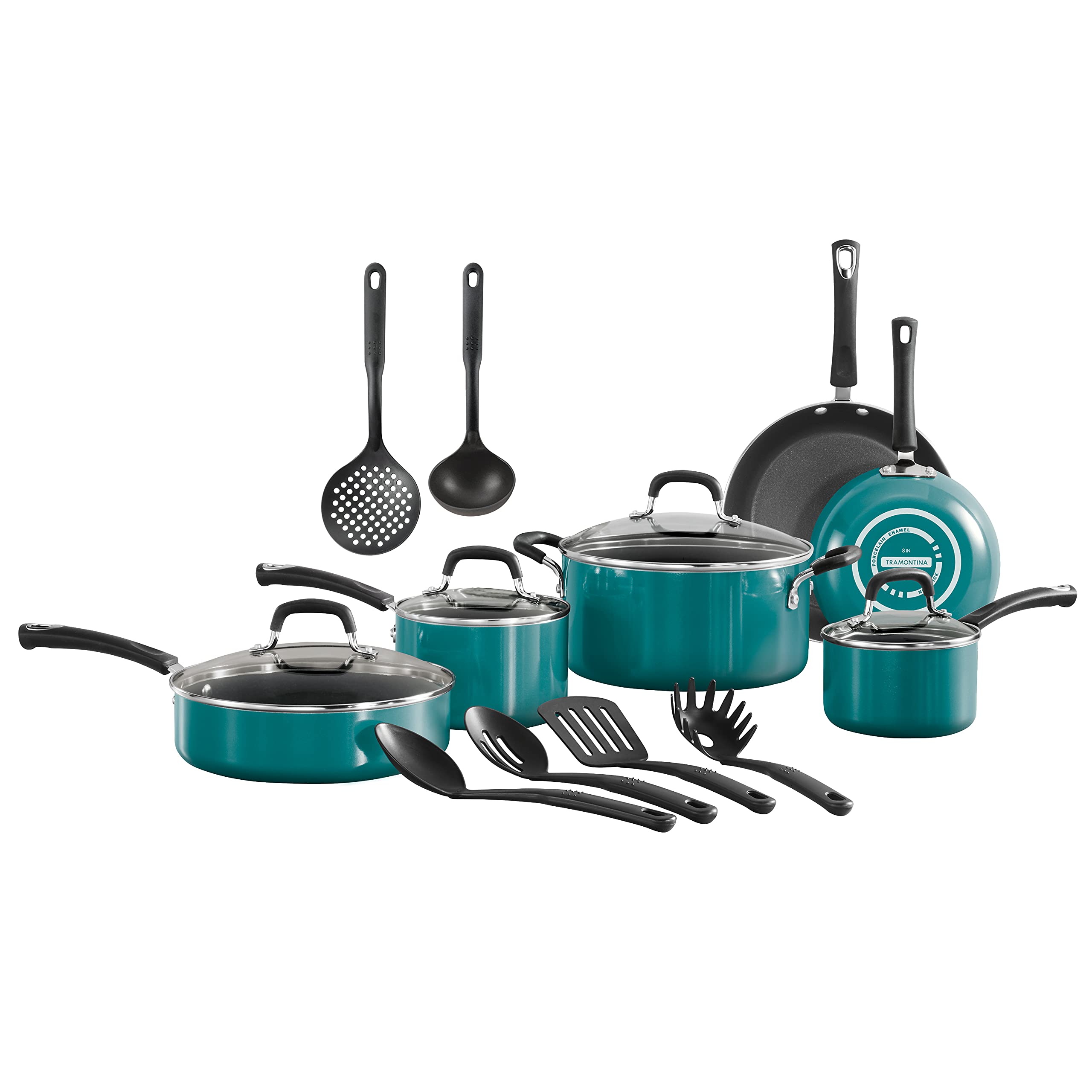 Tramontina 80106/004 Porcelain Enamel Aluminum Nonstick 16-Piece Teal Cookware Set, Made in USA