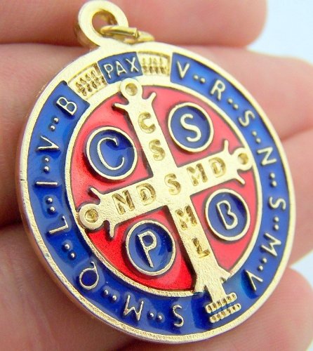 Religious Gifts Gold Tone Red and Blue Enamel Saint Benedict Medal Pendant, 1 1/4 Inch