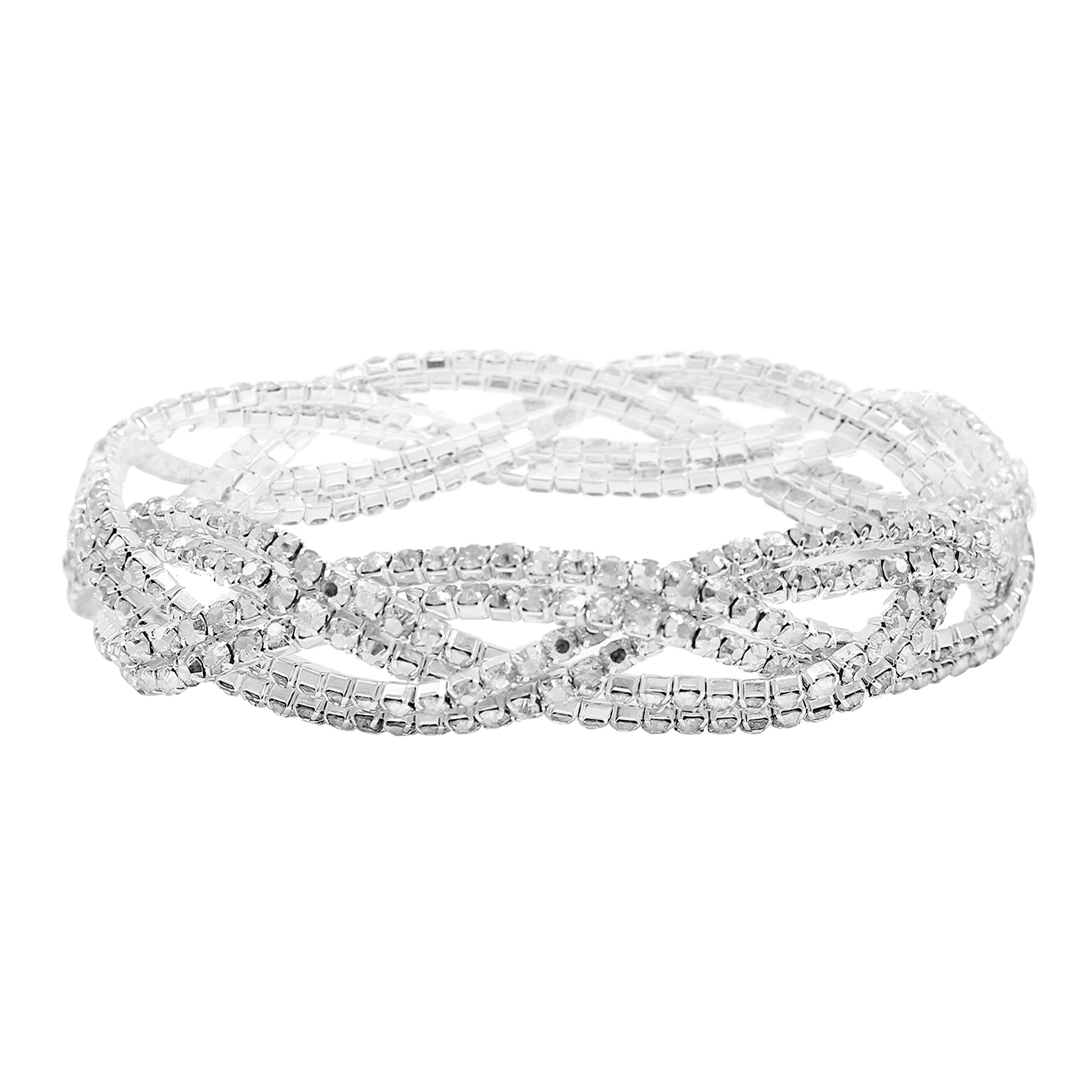 So Pretty Rhinestone Stretch Bracelet Silver Plated Clear Crystal Bridal Bracelet for Wome Wedding Jewelry