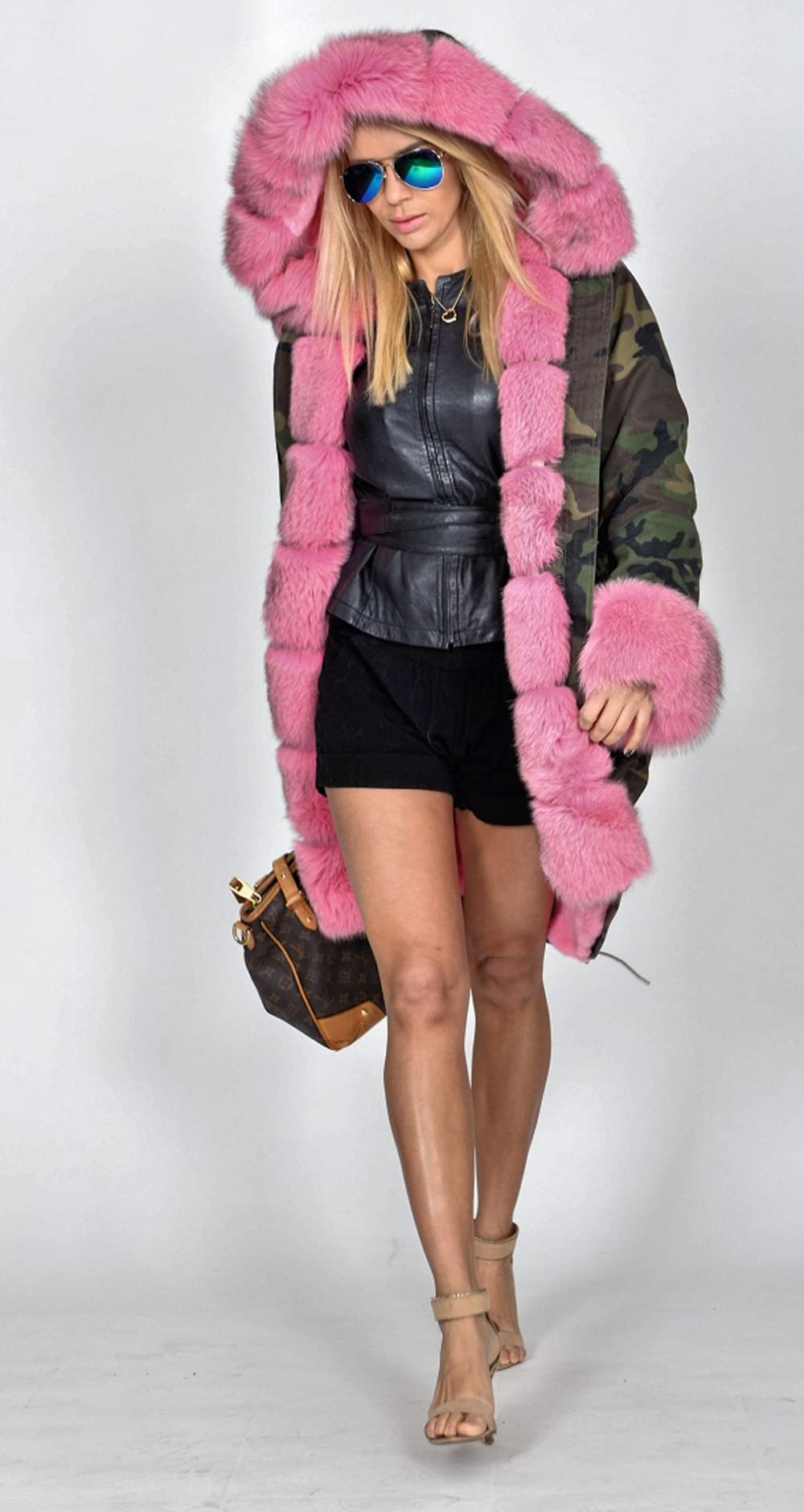 Roiii Womens Hooded Camouflage Warm Winter Coats Faux Fur Jacket Parka Overcoat(Medium,Pink)
