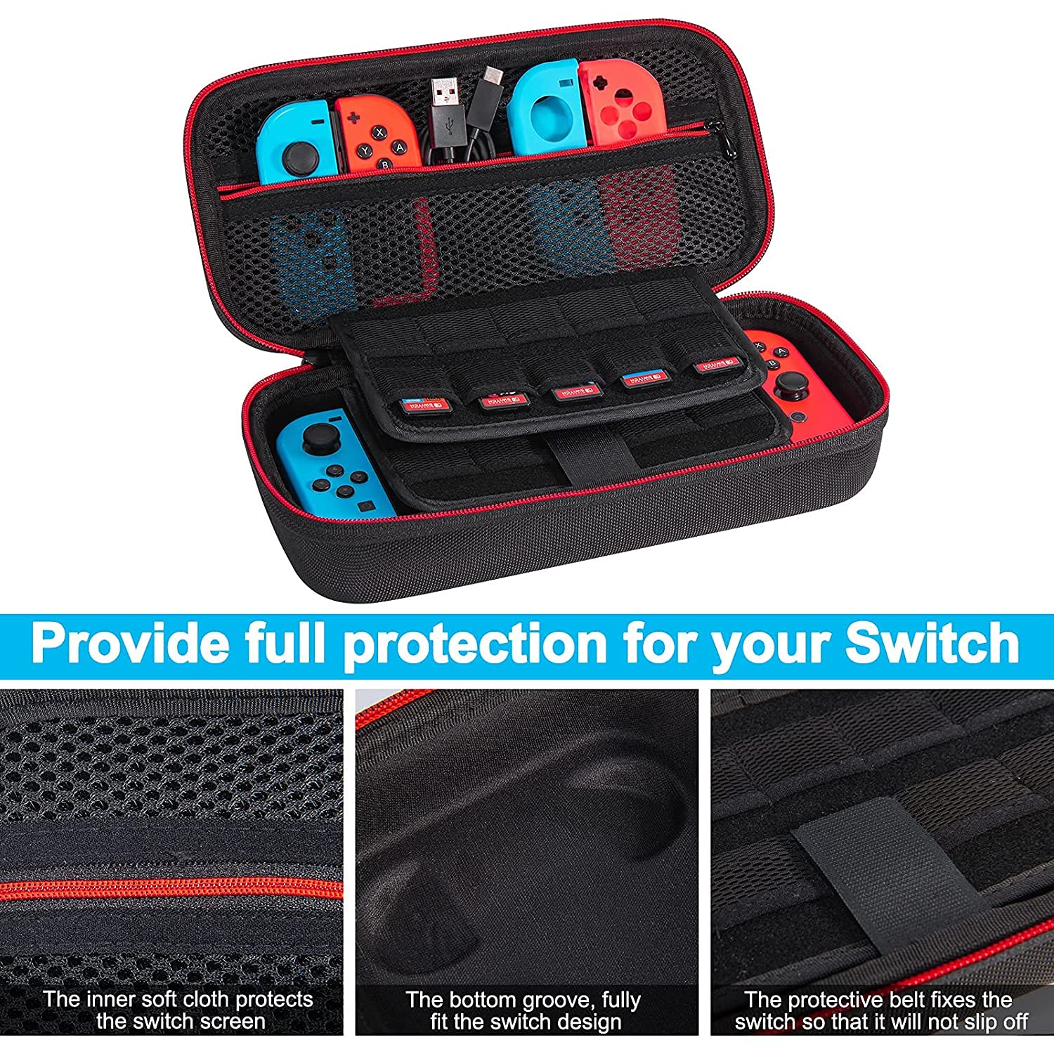 Switch Carrying Case with 2 Pack Screen Protector, Younik Switch Travel Case with Protective Hard Shell for NS Switch Console & Accessories Holds 19 Game Cartridge, Black
