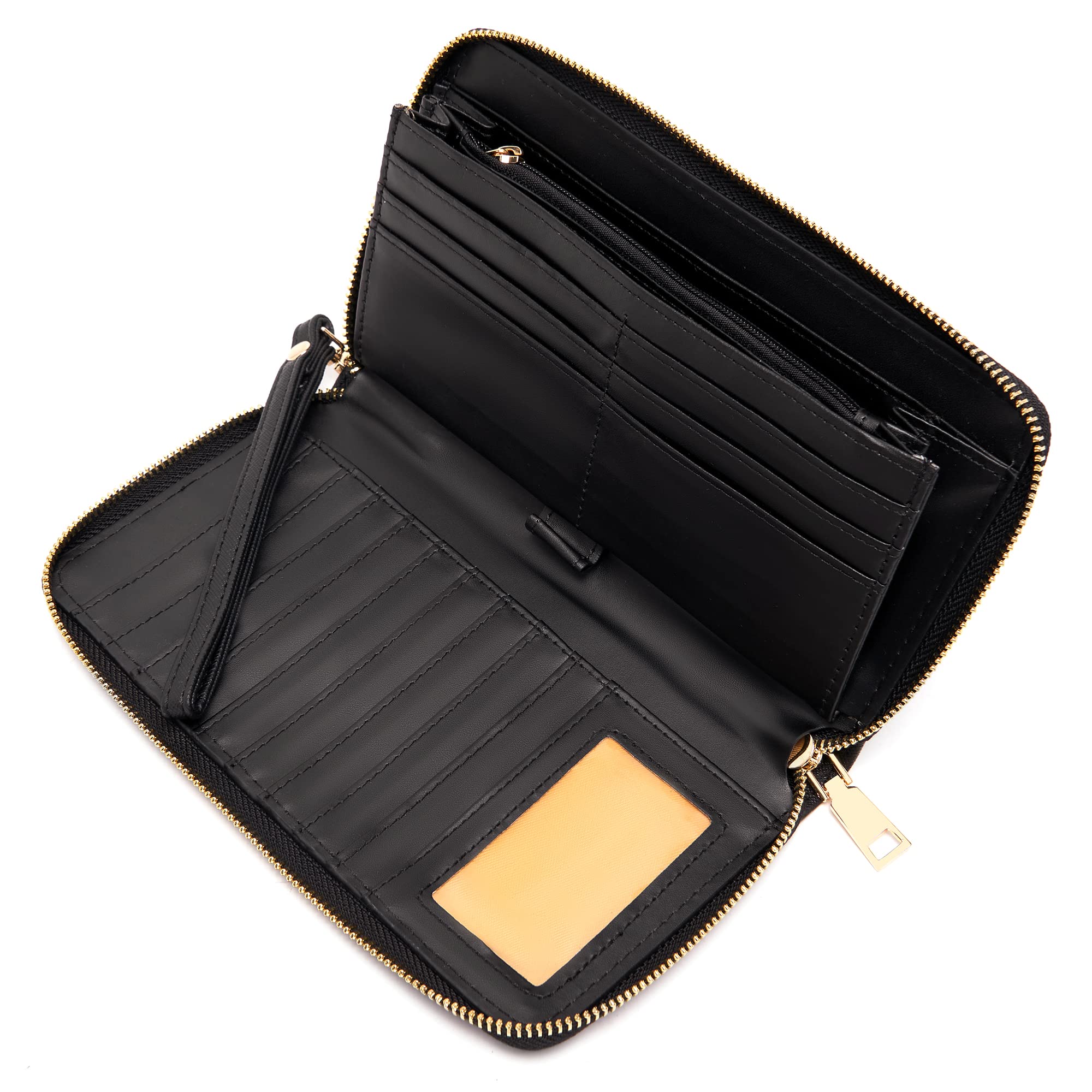 YZAOLL Women's Wallet RFID Blocking PU Leather Large Capacity Zip Around Credit Card Holder Cell Phone Checkbook Storage Bag Zipper Coin Purse,black