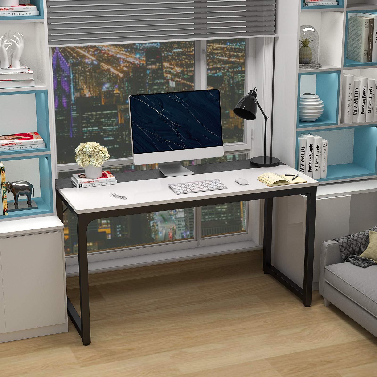 Topfurny Desk Computer Desk 55 Inch Home Office Study Writing Desk Modern Simple Sturdy PC Laptop Desk Table Gaming Desks Wooden Desk Space Saving Easy to Assemble Desk, White and Black