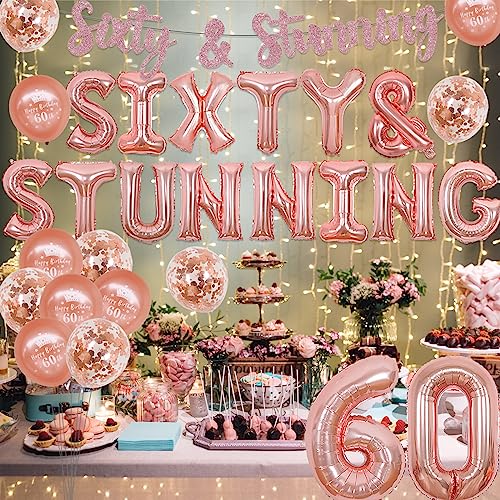 Wonmelody Funny 60th Birthday Decorations Rose Gold Stunning Glitter Birthday Decor Sixty & Stunning Glitter Cake Topper Banner Rose Gold Sixty & Fabulous Happy 60th Birthday Decor for Women