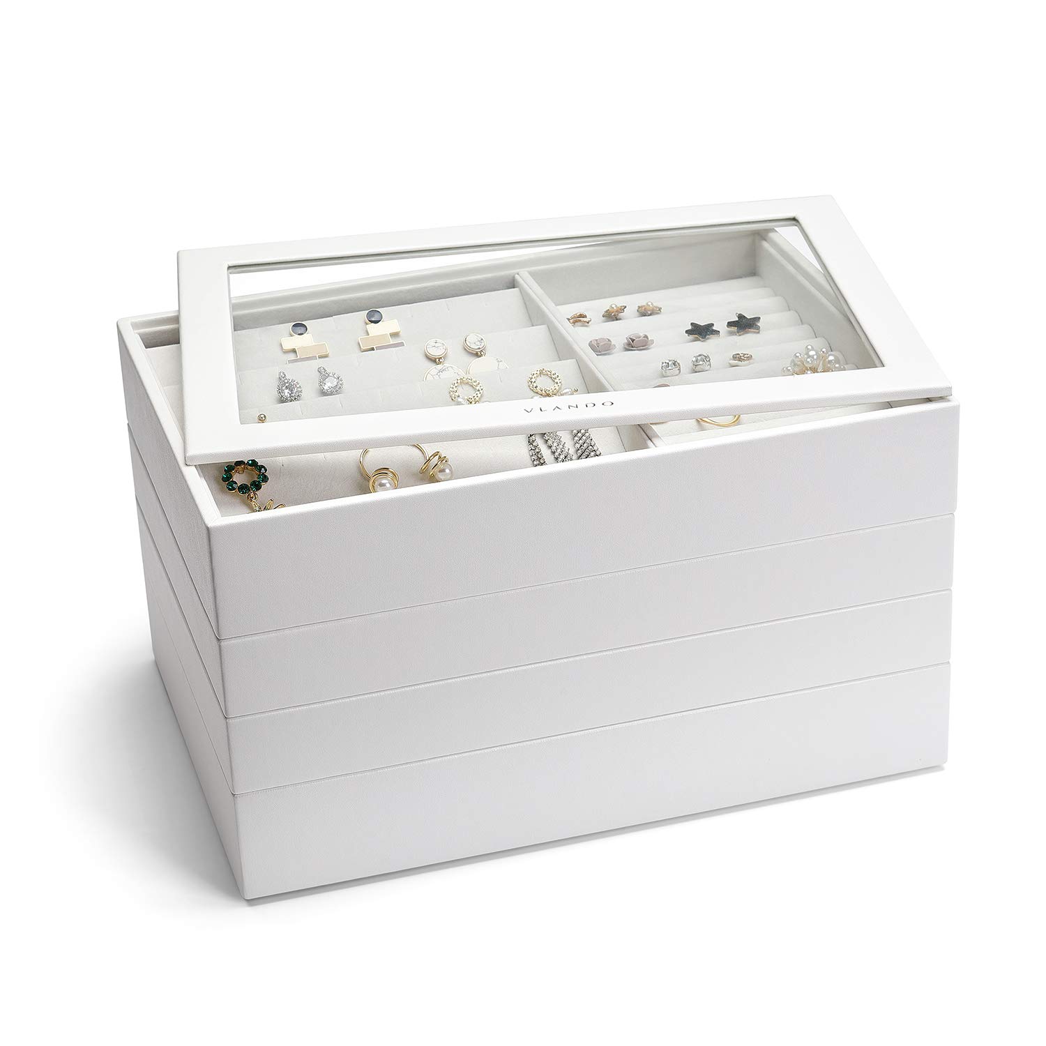 Vlando Jewelry Tray - Faux Leather Glass-top Jewelry Storage Organizer - Earring Necklace Bracelet Ring Display Desktop Drawer Chest, 4-Layer w/Clear Lid, White