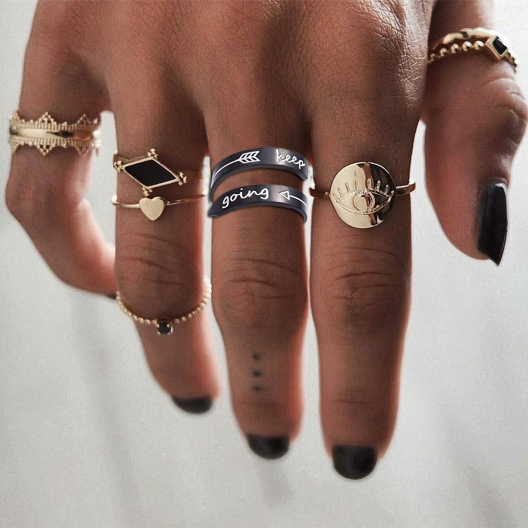 Stainless Steel Rings Black for Women Adjustable Statement Rings Keep Going Rings for Best Friend Inspirational Gifts