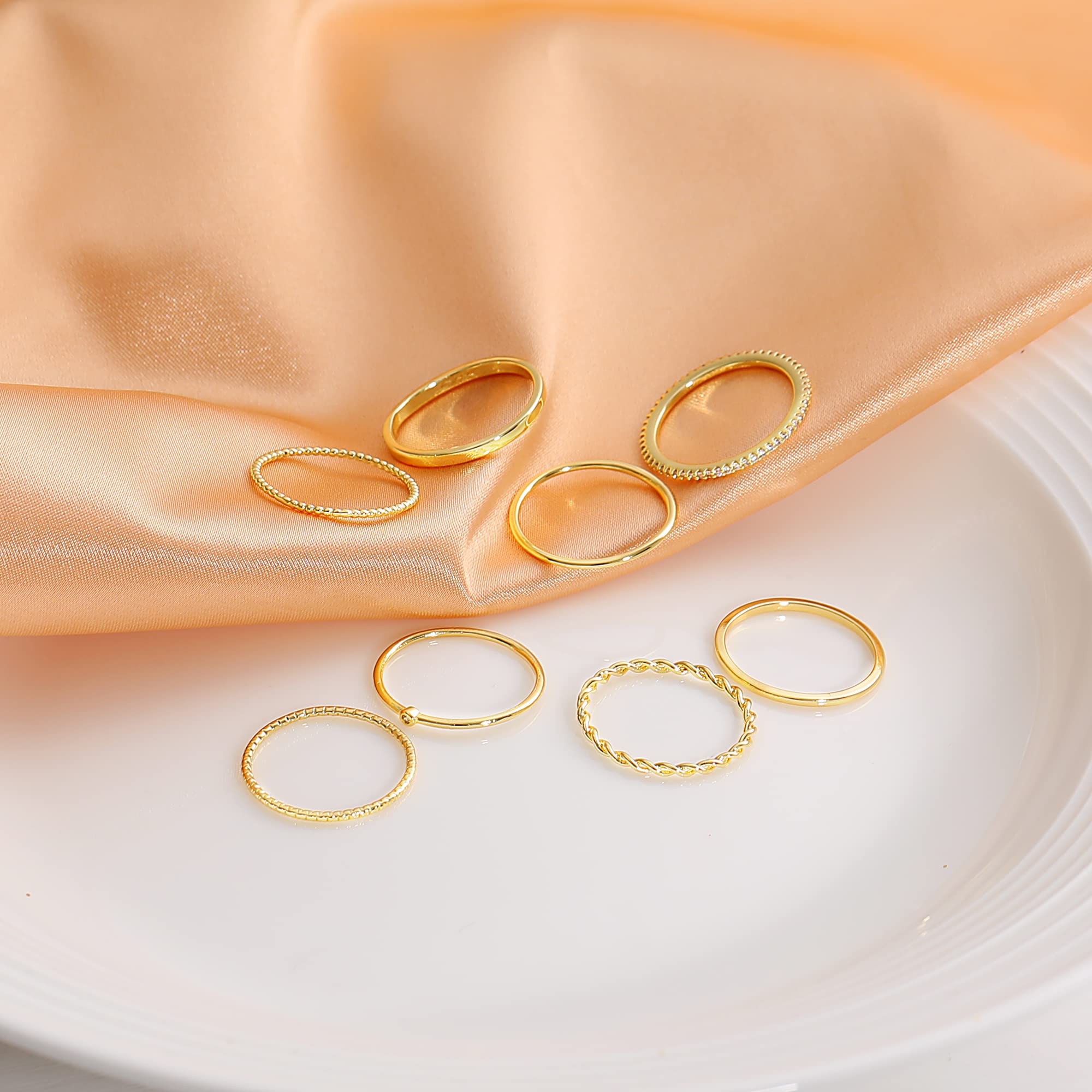 TOSGMY 8PCS 14K Gold Plated Rings Stacking Rings for Women Stackable Knuckle Rings Thin Gold Ring Statement Band Comfort Fit Size 5-9