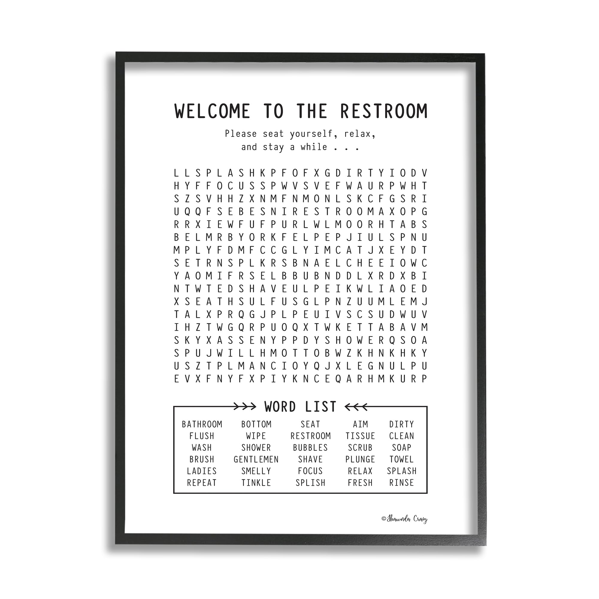 Stupell Industries Black and White Restroom Crossword Puzzle Sign Framed Giclee Art Design By Artist Shawnda Craig