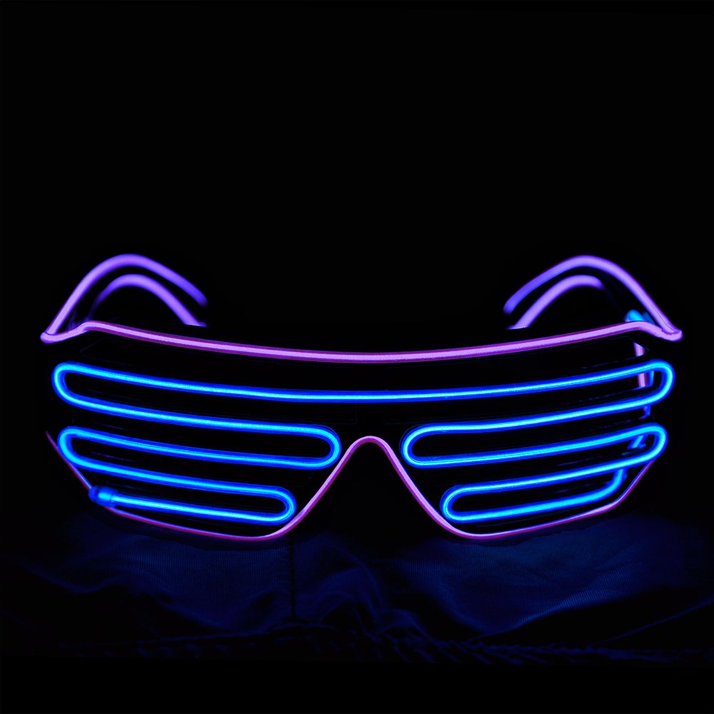 PINFOX Shutter EL Wire Neon Rave Glasses Flashing LED Sunglasses Light Up Costumes For 80s, EDM, Party RB03 (Purple - Blue)