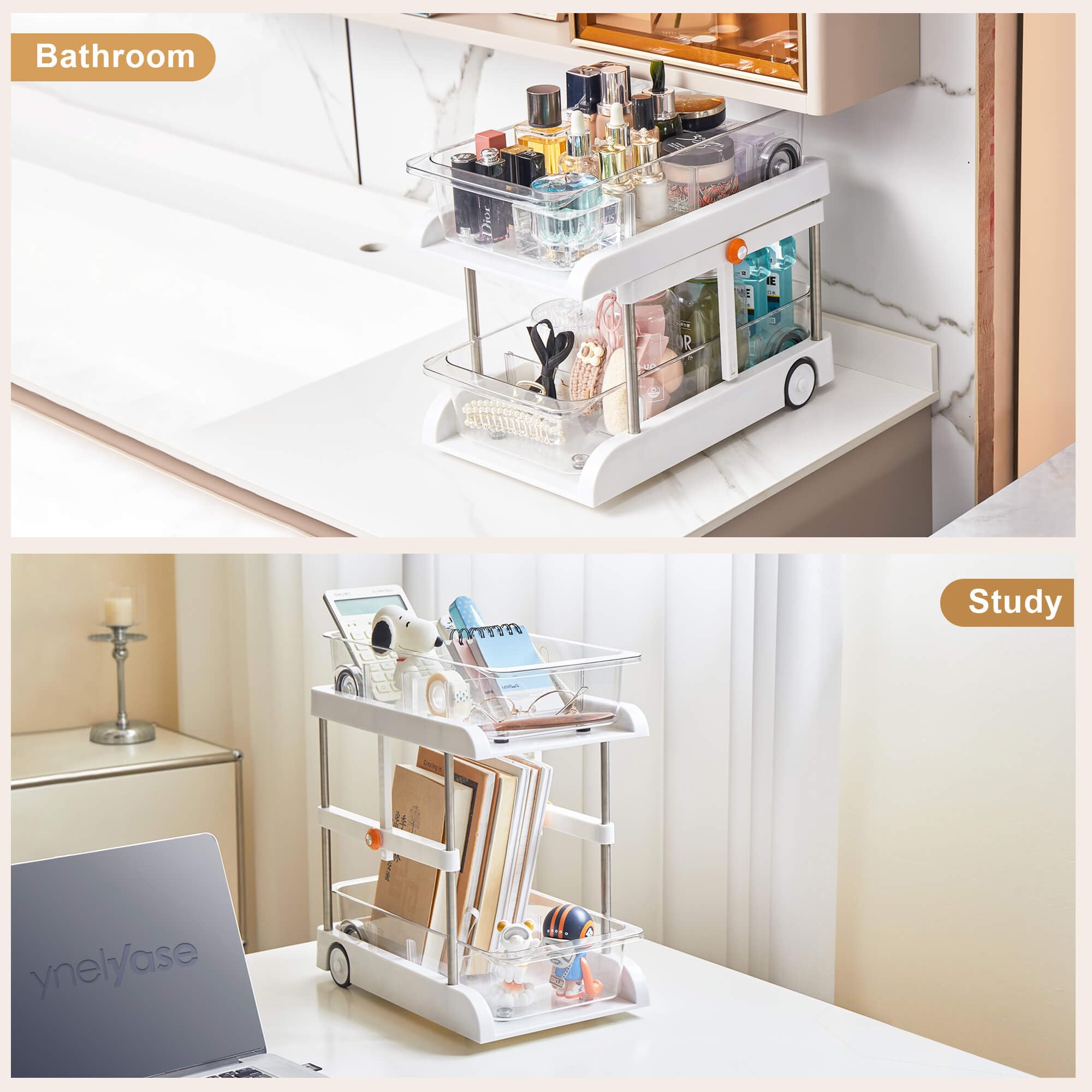 Ynelyase 2 Tier Bathroom Cabinet Under Sink Organizers and Storage for Medicine Bottle with Kitchen Pantry Clear Pull Out Drawers (9 Inch Wide)