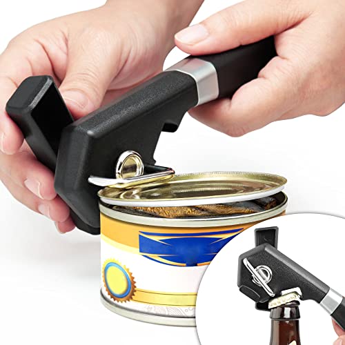 PrinChef Safety Can Opener Smooth Edge, Built-in Bottle Opener | Rust Proof Can Opener Manual, with Sharp Blade| Handheld Can Openers Heavy Duty, Side Cut Design, Easy and Safe to Use, Black