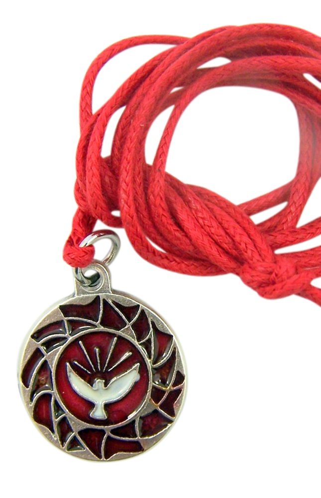 Religious Jewelry Silver Tone Red Enameled Holy Spirit Dove Confirmation Pendant on Red Cord, 3/4 Inch
