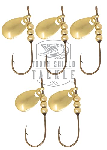 TOOTH SHIELD TACKLE Tungsten Ice Fishing Deadstick Charmer Hook Tip-Up/Tip Down Hook Walleye Crappie Perch Tungsten Jig [Gold] 5 Pack (Hook Size: 6)
