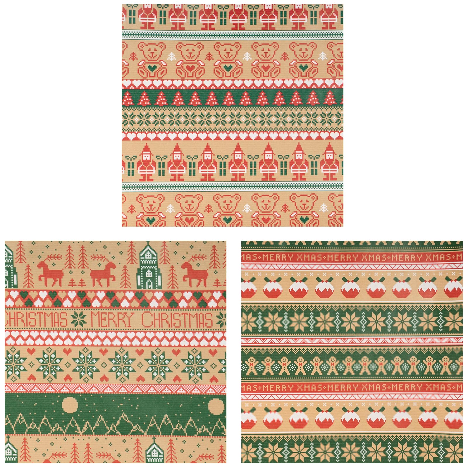RUSPEPA Christmas Wrapping Paper Rolls - 17 inches x 10 feet per Roll, Total of 3 Rolls - Red and Green