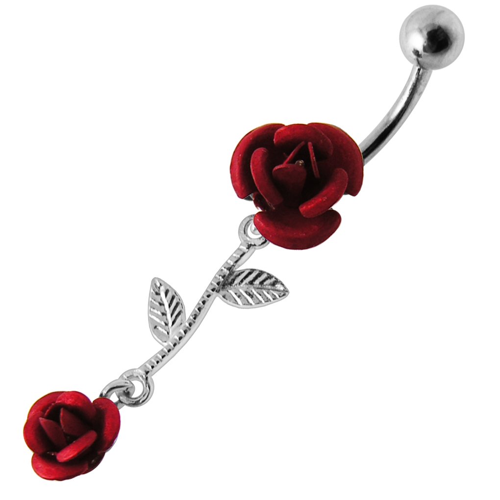 Red Double Rose with Leaf Dangling Design 925 Sterling Silver Belly Button Piercing Ring Jewelry