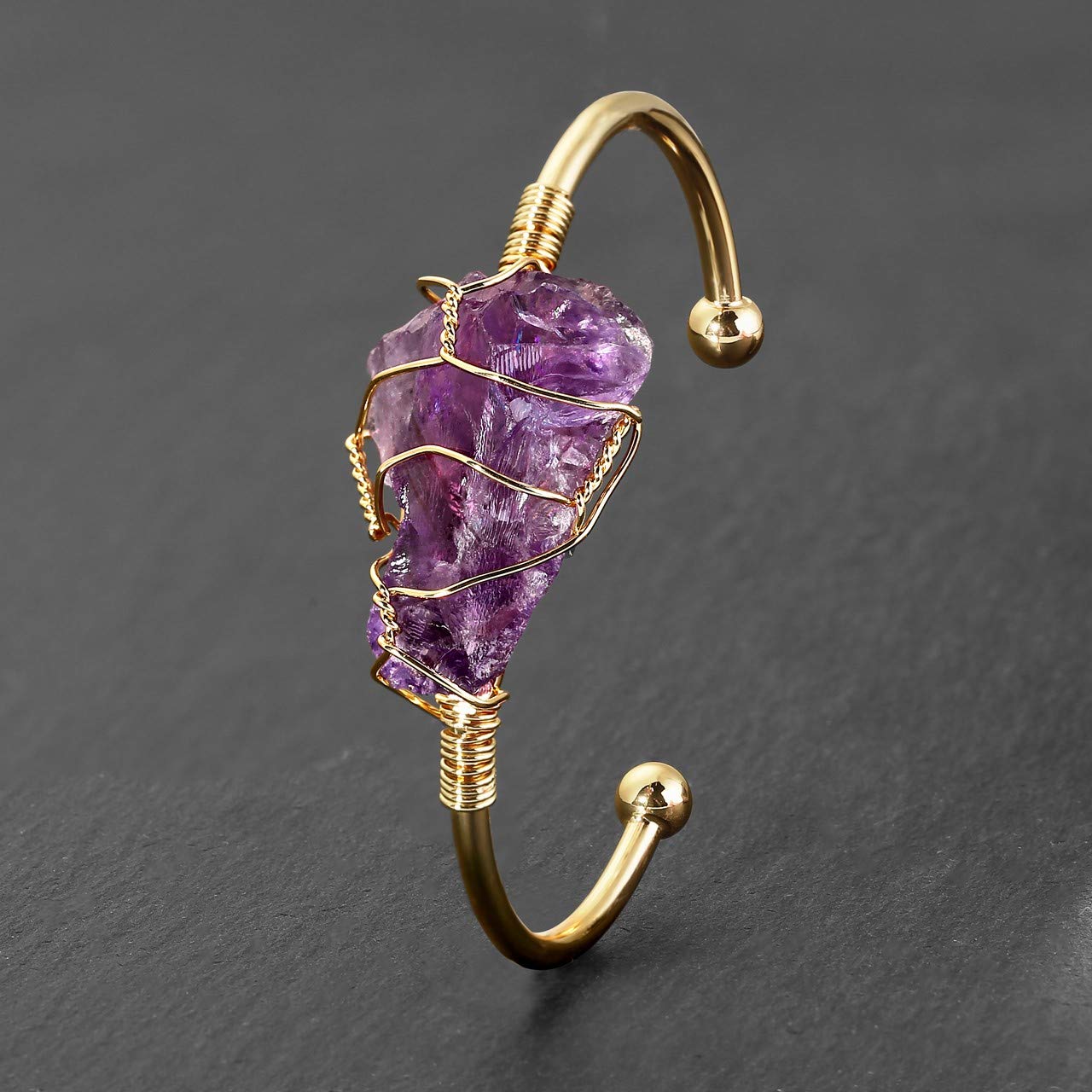 Top Plaza Natural Healing Crystal Amethyst Wrapped Gemstone Cuff Bracelet Womens Golden Cuff Bangle