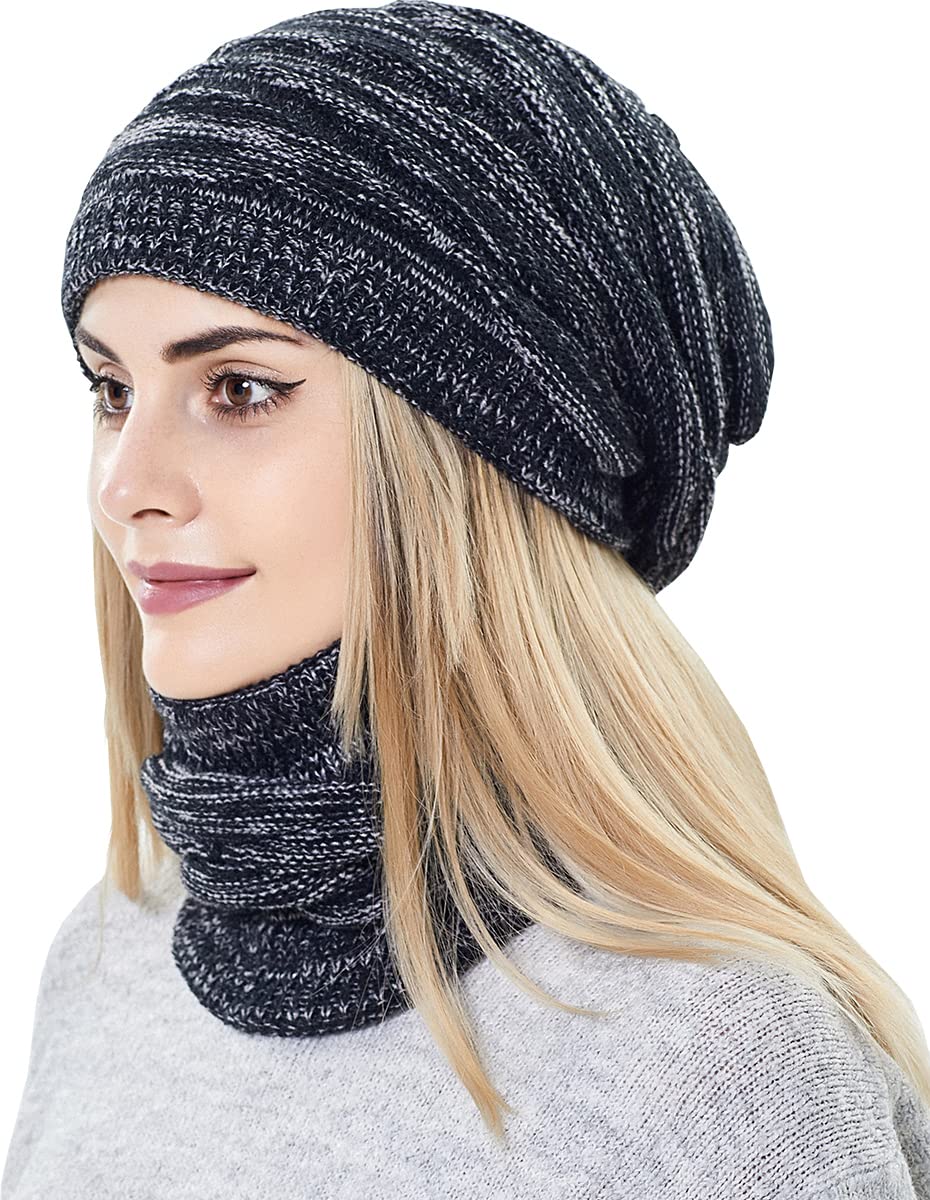 Womens Slouchy Beanie and Scarf Set for Girls Warm Knit Winter Ski Hat with Fleece Lined (BLACK)