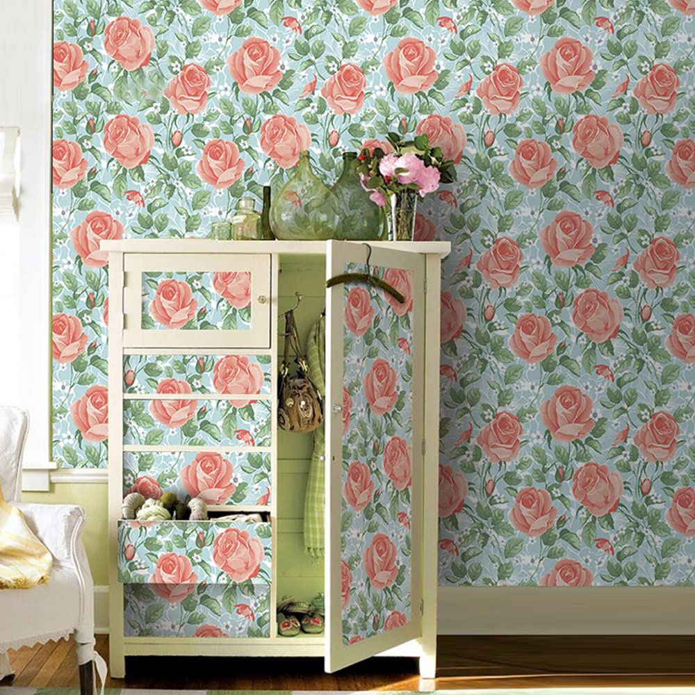 Yifasy Shelf Liner Pink Rose Self-Adhesive Drawer Paper Furniture Sticker Wall Decor Flowers 118x17.7 Inch