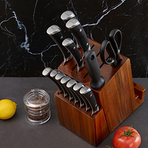Wood Knife Block Set, 18 Pieces Kitchen Knife Set With Acacia Wood Knife Block, Cutlery With Knife Sharpener&14 Knives, Shear and 1pcs Bamboo Cutting Board Included For KitchenâŚ