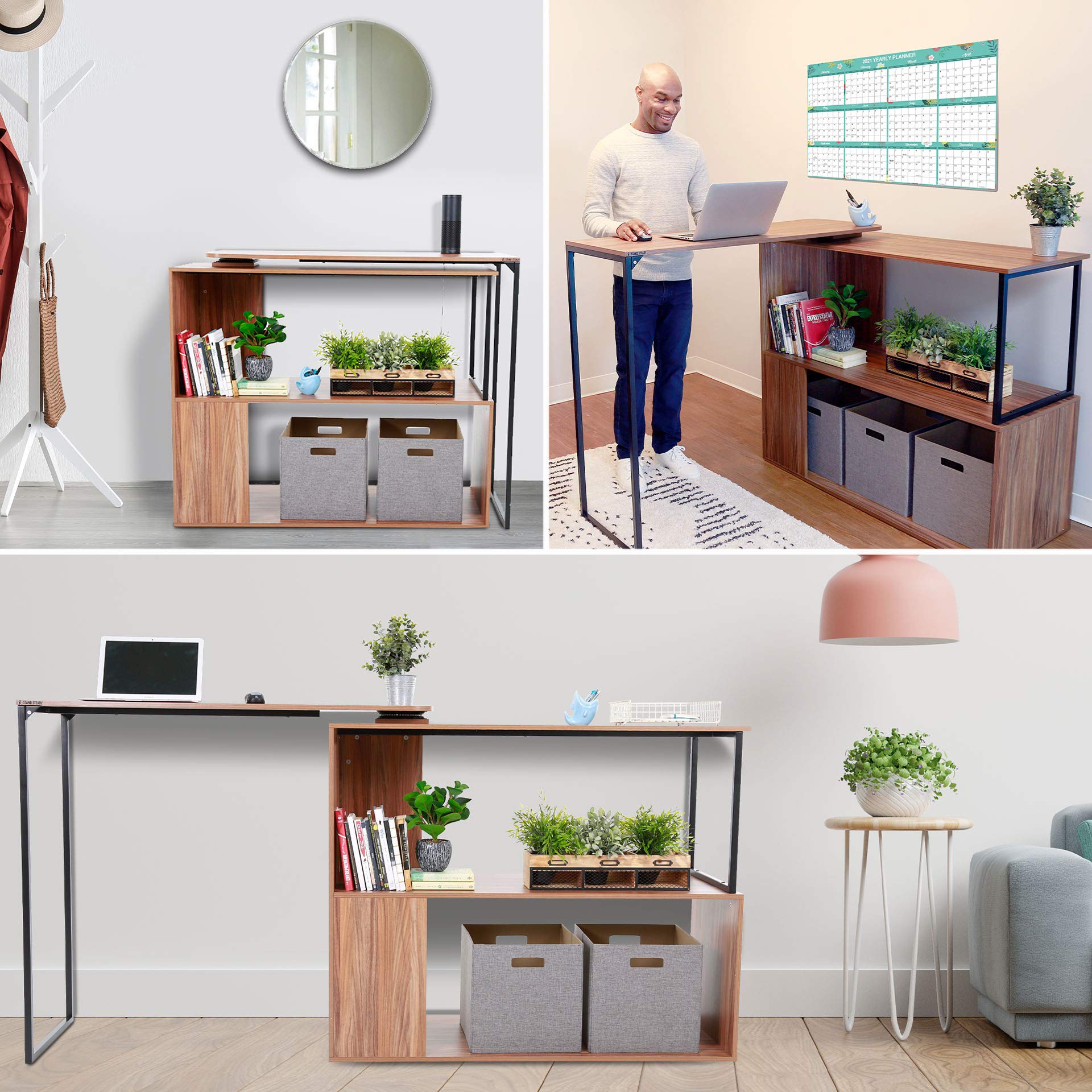 Stand Steady Joy Rotating Standing Desk L-Shaped Stand Up Desk for Home Office | Corner Computer Workstation with Storage Shelves | Space-Saving Swivel Desktop for Corners