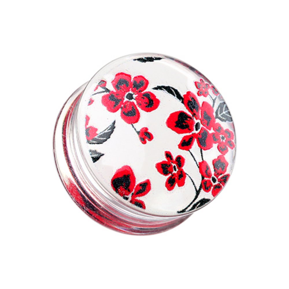 Red Cherry Blossom Clear UV Double Flared WildKlass Ear Gauge Plug (Sold as Pairs)