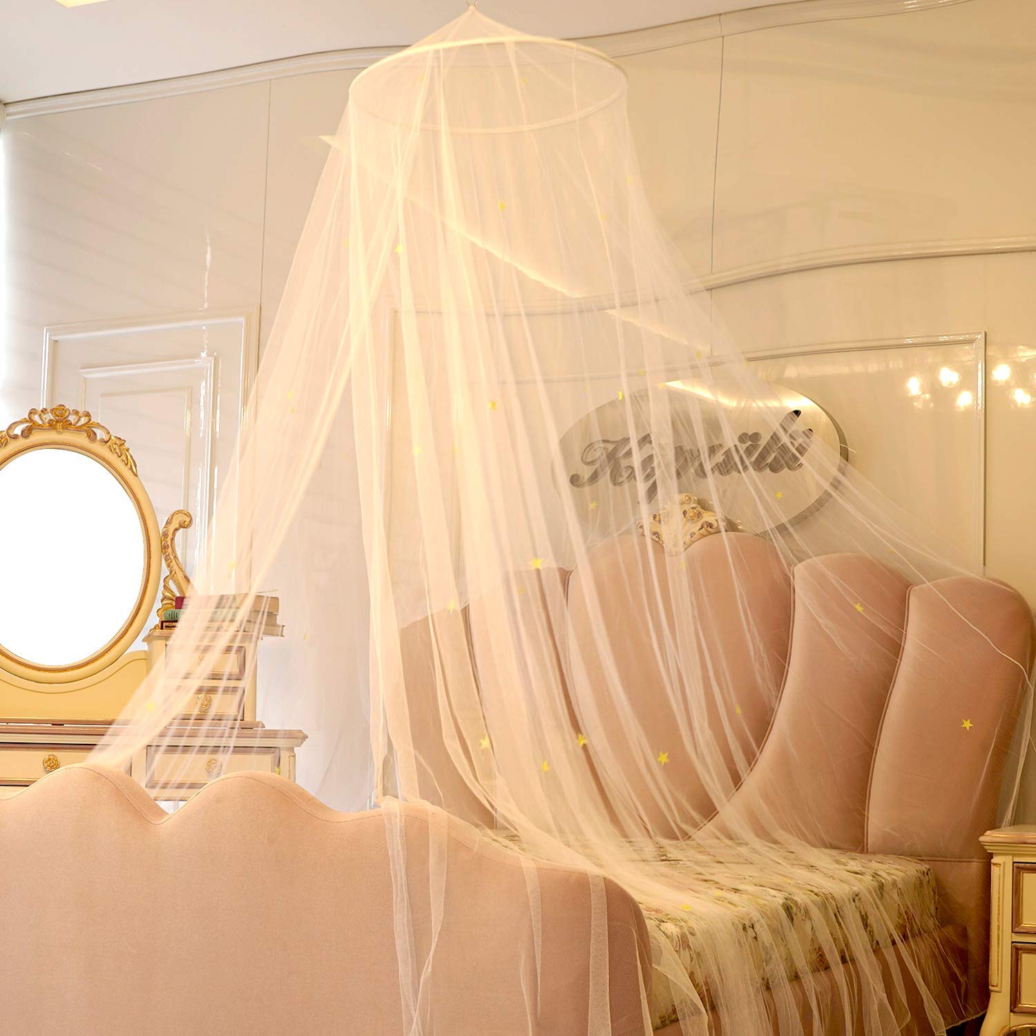 STZ Bed Canopy for Princess Girls Room Decorations with Fluorescent Stars Glow in Dark -Reading Nook for Kids-Canopy Bed Curtains-Hanging Tent-White
