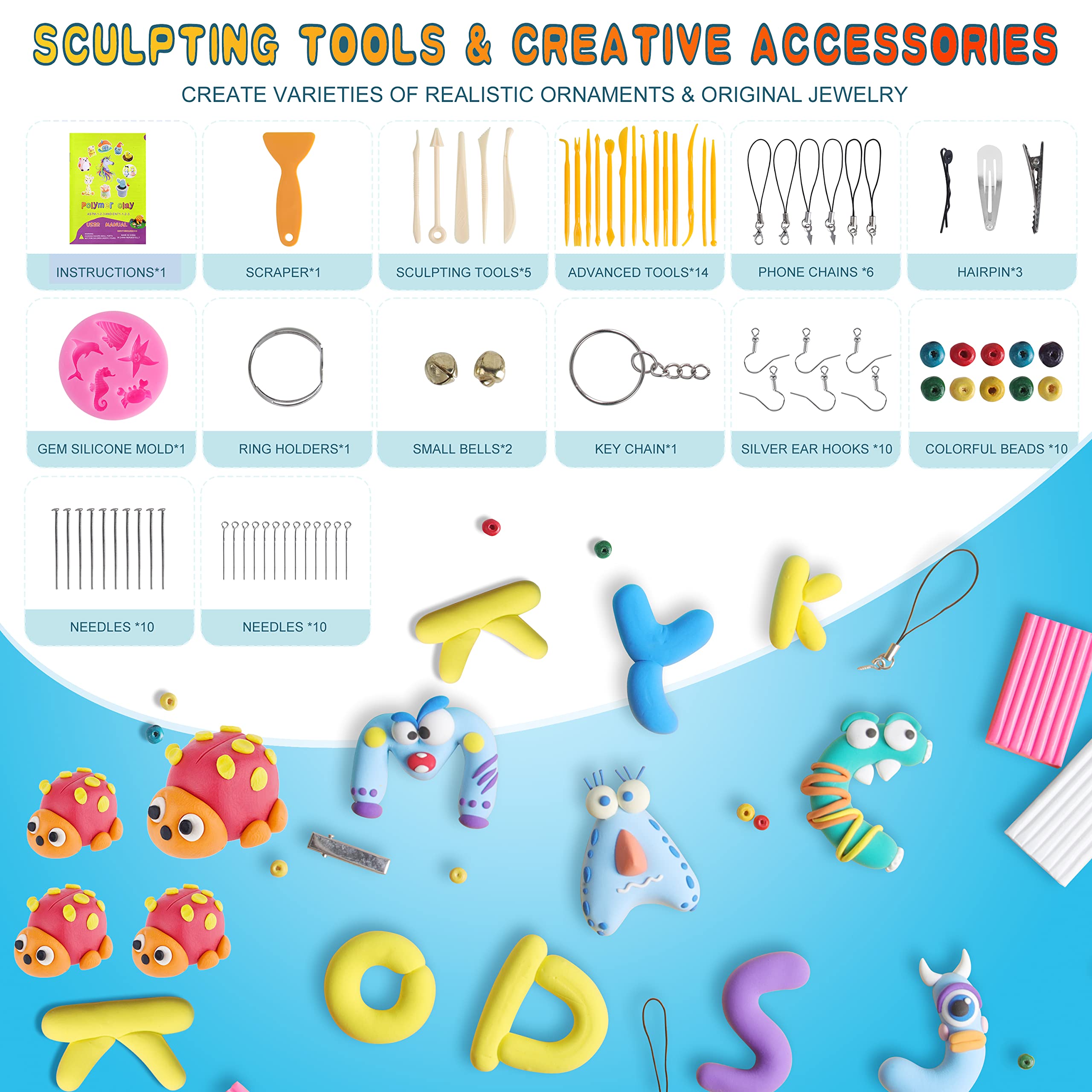 Polymer Clay 72 Colors, Chunky Modeling Clay Oven Clay Modeling Clay with Sculpting Tools Storage Box Set Clay for Kids, Gifts for Children, Adults, Beginners, Schools