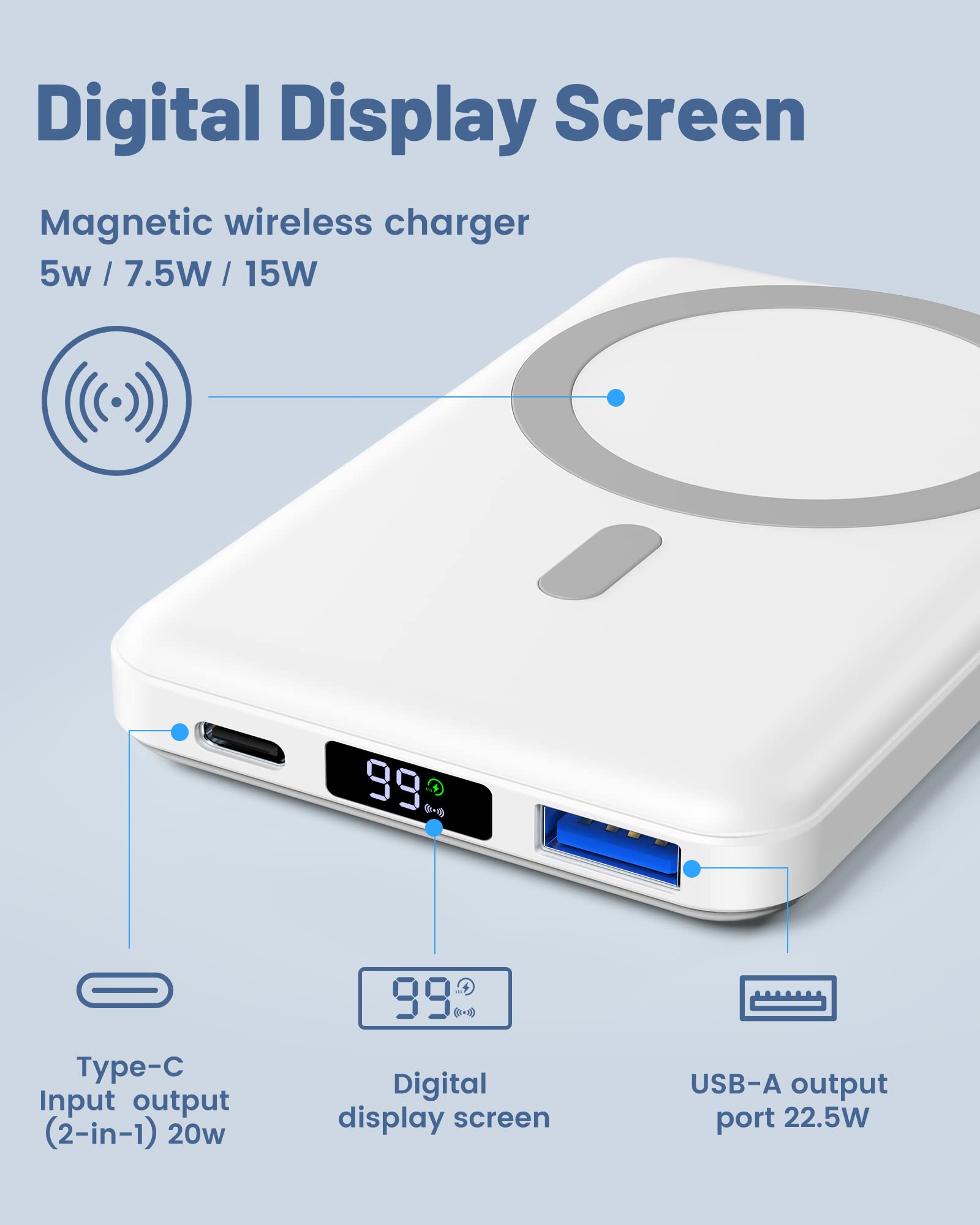 Yiisonger Wireless Power Bank, Slim 10000mAh Magnetic Portable Charger 22.5W PD Fast Charging, Mini Mag-Safe Battery Pack QC3.0 LED Display USB-C Compatible with iPhone 15&14&13&12 Series(White)