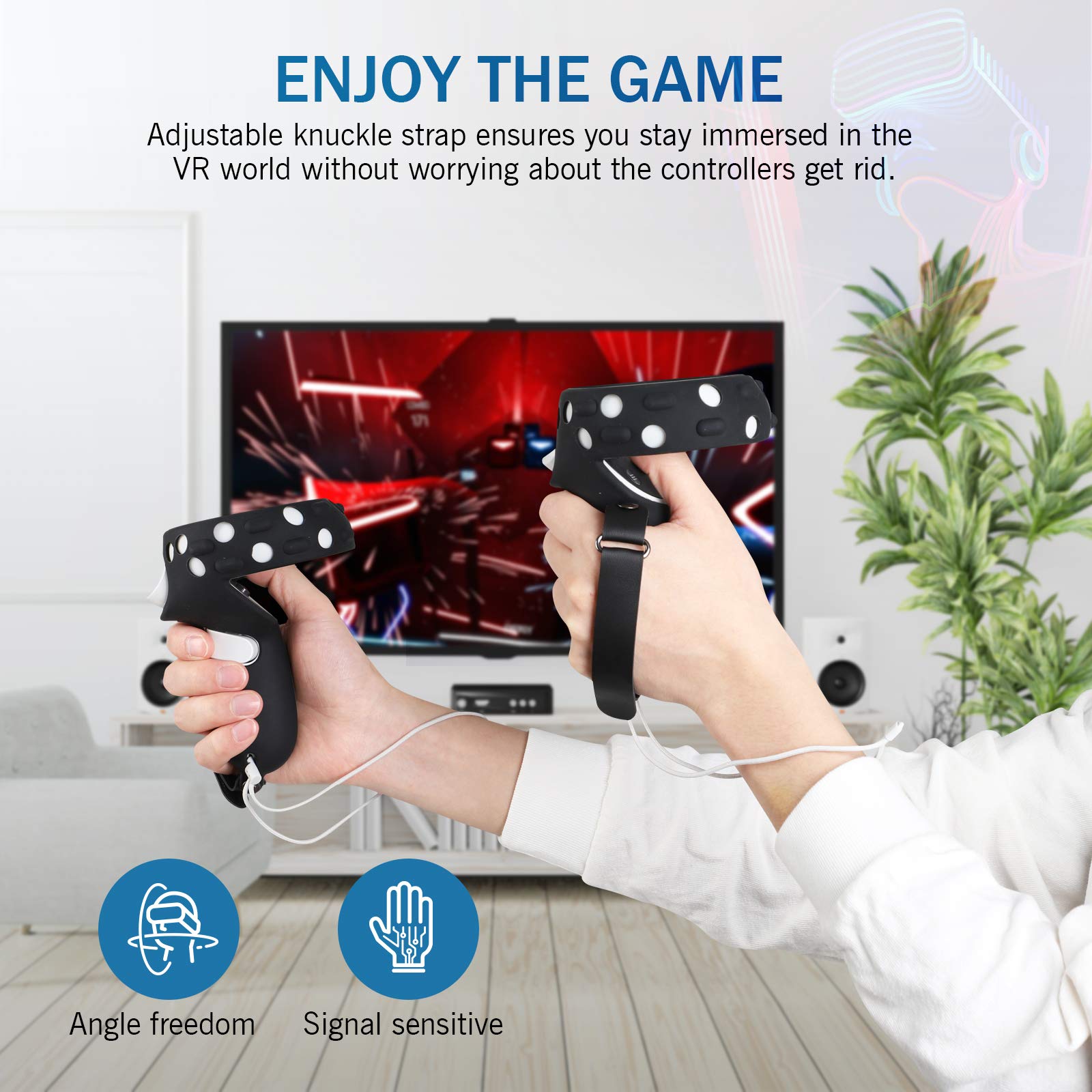 Touch Controller Grip Cover for Oculus Quest 2, Kuject Full Coverage Anti-Throw Handle Protective Sleeve, Lengthened Bottom with Adjustable Hand Strap Black