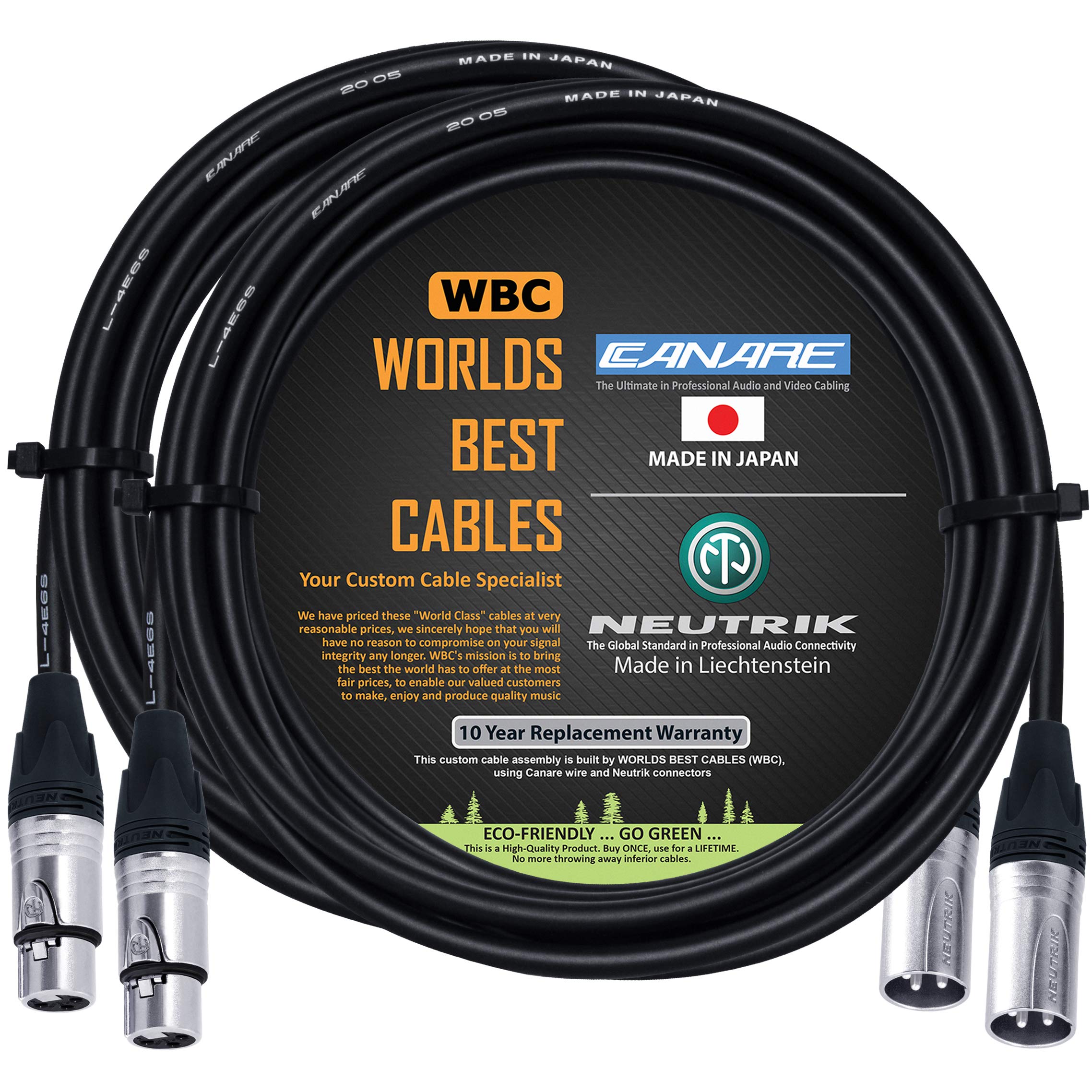 WORLDS BEST CABLES 2 Units - 8 Foot β Quad Balanced Microphone Cable CUSTOM MADE using Canare L-4E6S wire and Neutrik Silver NC3MXX Male & NC3FXX Female XLR Plugs