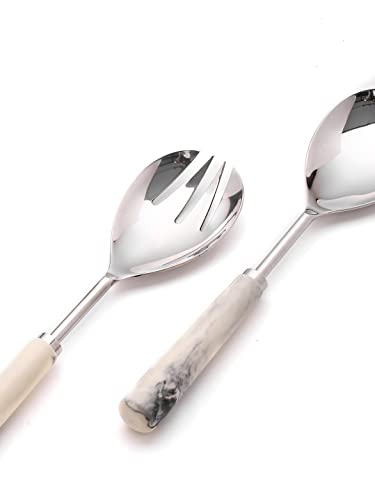YoTreasure Tiramisu Resin & Stainless Steel Ivory Salad Server Spoon and Fork Set Cooking Utensils for Kitchen