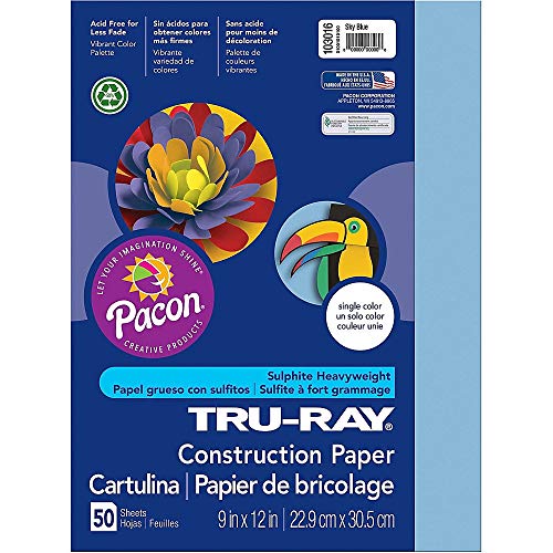 Pacon 103016 Tru-Ray Construction Paper, 76 lbs., 9 x 12, Sky Blue, 50 Sheets/Pack