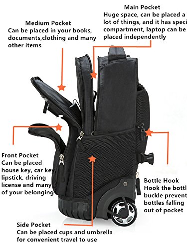 Tilami Unisex-Children Wheeled Rolling Backpack for Laptop, School, College and Travel - Waterproof - 18inch - Black