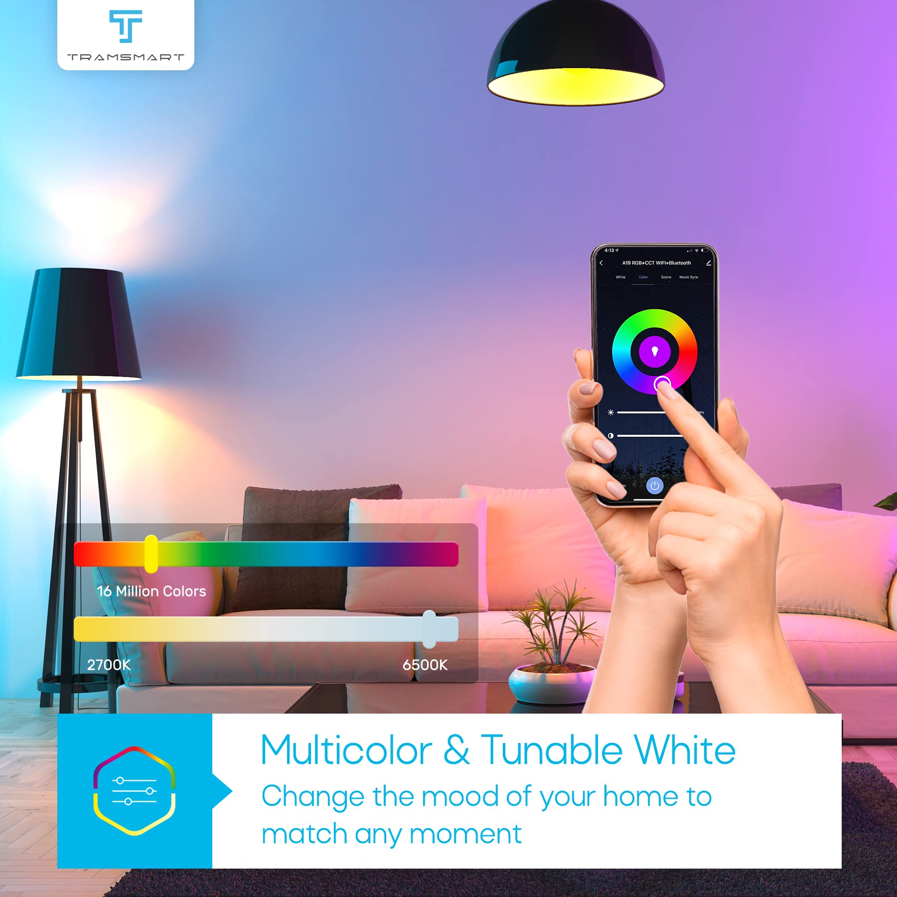 TRAMSMART Smart Light Bulbs, Color Changing E12 Candelabra Light Bulbs with Music Sync, WiFi&Bluetooth LED Light Bulbs Work with Alexa&Google Assistant, RGBCW Candle Light Bulbs 45W Equivalent, 2 Pack