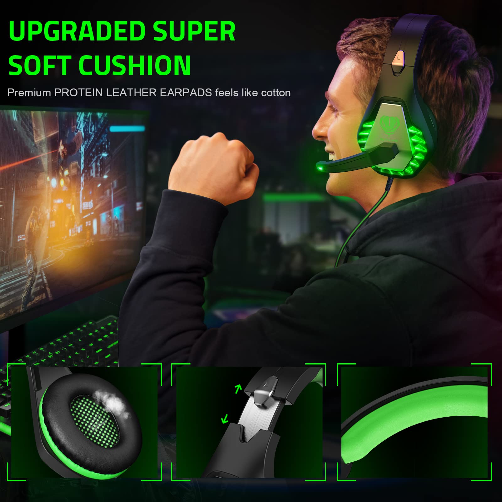 Pacrate Gaming Headset with Microphone for PC PS4 PS5 Headset Noise Cancelling Gaming Headphones for Laptop Mac Switch Xbox One Headset with LED Lights Deep Bass for Kids Adults Luxury Black
