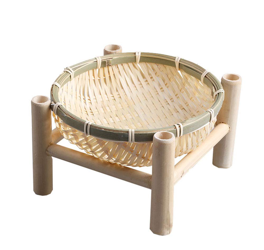 TimesFriend Rural Natural Mini Round Bamboo Basket for Fruit with 4 Stand Countryside Styles Home Decor Disply Dry Fruit Tray Bowl (Large)