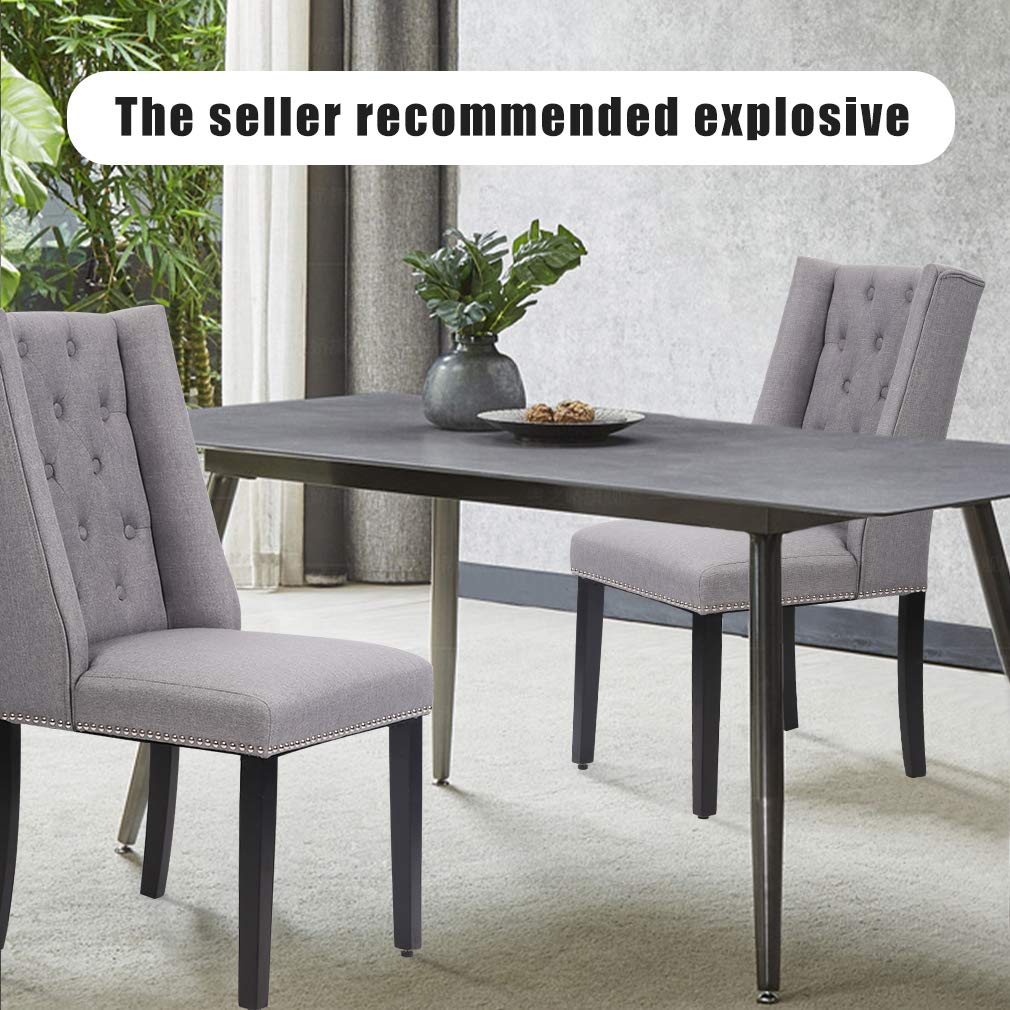 Vnewone Wooden Armless Accent Solid Wood Legs Button Tufted Parsons Diner Chair Upholstered Fabric Nailhead Trim for Restaurant Home Kitchen Living Room, Set of 2, Grey