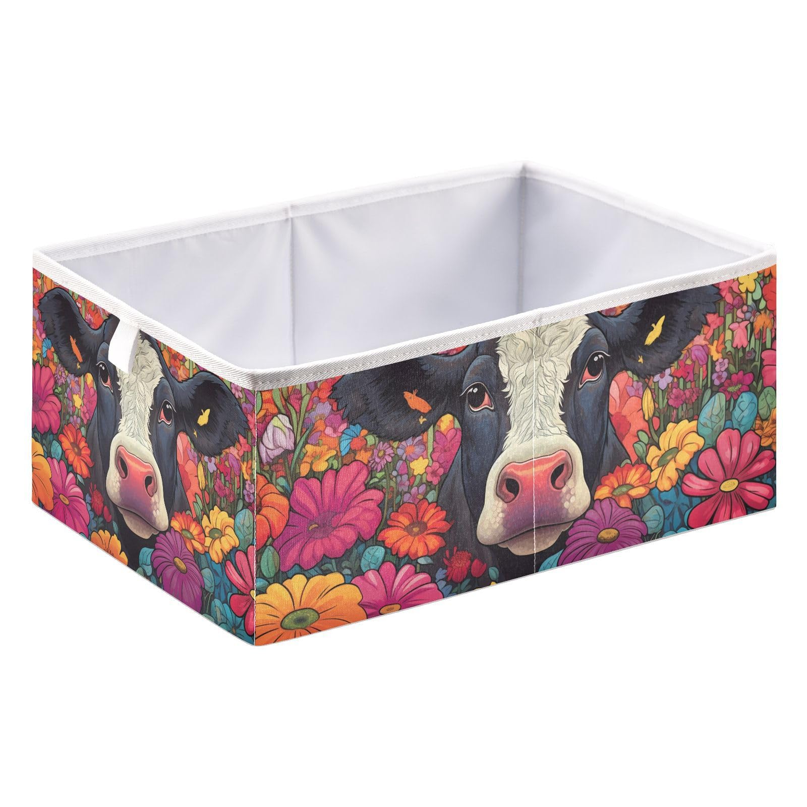 Vnurnrn Collapsible Storage Cube Beautiful Cow in Flower Print, Organizing Baskets with Support Board for Shelf Closet Cabinet 11×11×11 in