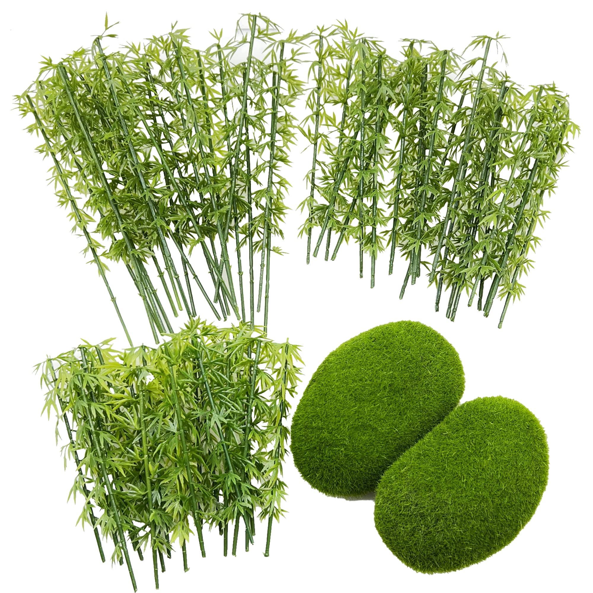 Woohome Miniature Bamboo Trees, 60 PCS Model Bamboo Trees Landscape Bamboo Tree and 2 PCS Fake Moss Rocks Decorative Moss Balls Model Artificial Plants for Home Decoration, Fairy Gardens