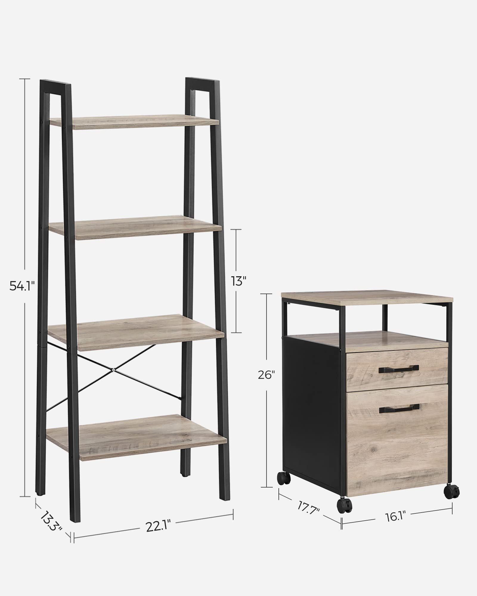 VASAGLE Ladder Shelf and Rolling Filing Cabinet Bundle, Industrial Style Office Storage Units, Mobile Cabinet on Wheels with Drawers, Greige and Black ULLS44MB and UOFC071B02