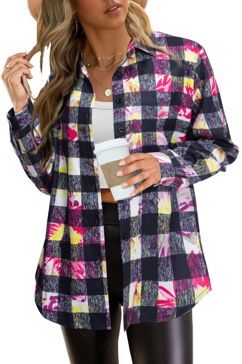 Plaid Jackets for Women Flannel Colorful Plaid Shirt Fall Button Down Blouses Patchwork Casual Long Sleeve Shirts
