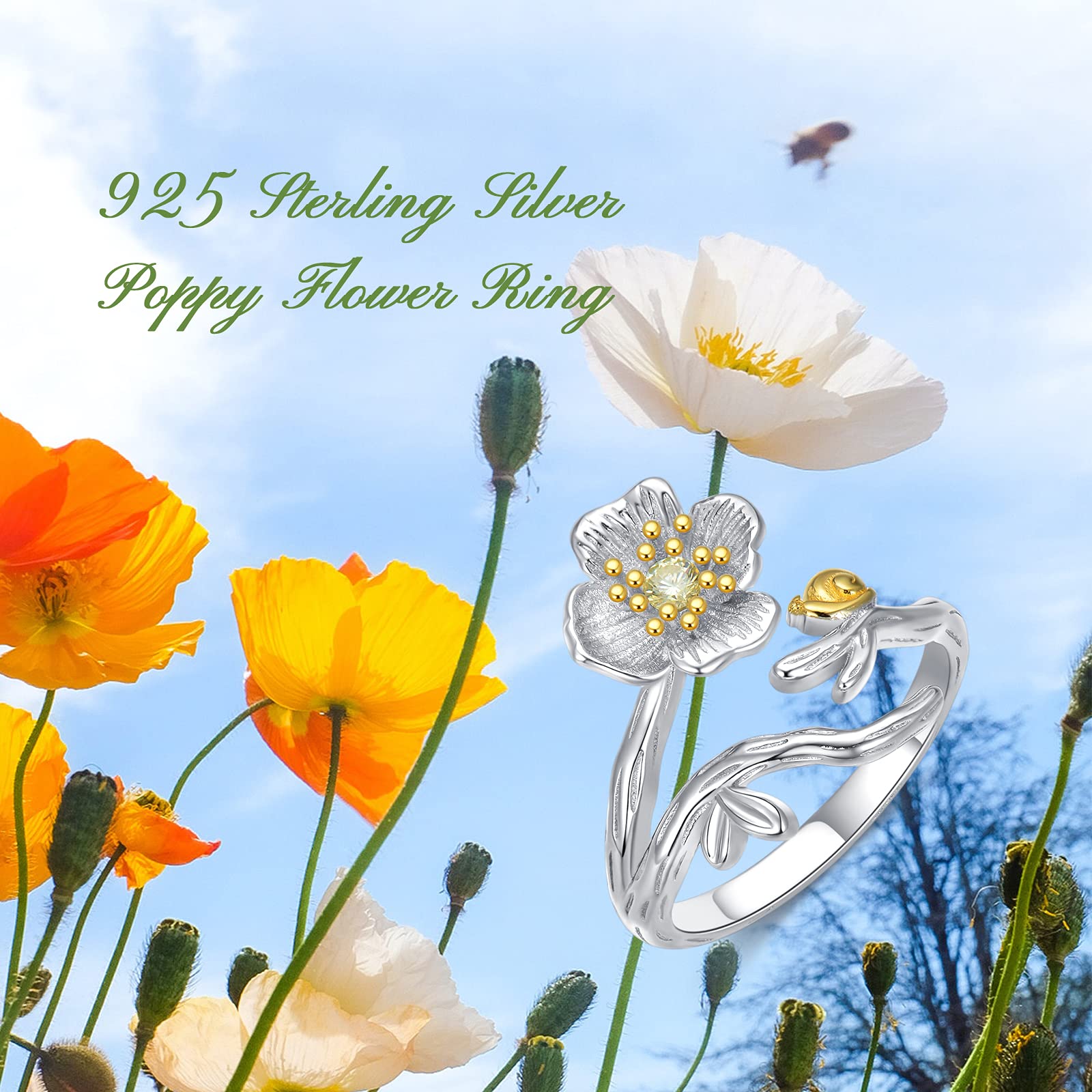 RMREWY 925 Sterling Silver Blooming Poppy Flower Open Ring Adjuastable Ring Jewelry Unique Gift for Women (7.5)
