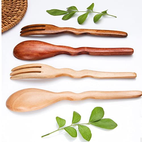 SEWALL 4 Pcs,Wooden Fork Spoon Wavy Shape Dessert Fork Spoon Portable Travel Spoon Reusable Food Fork Spoon Kitchen Accessories