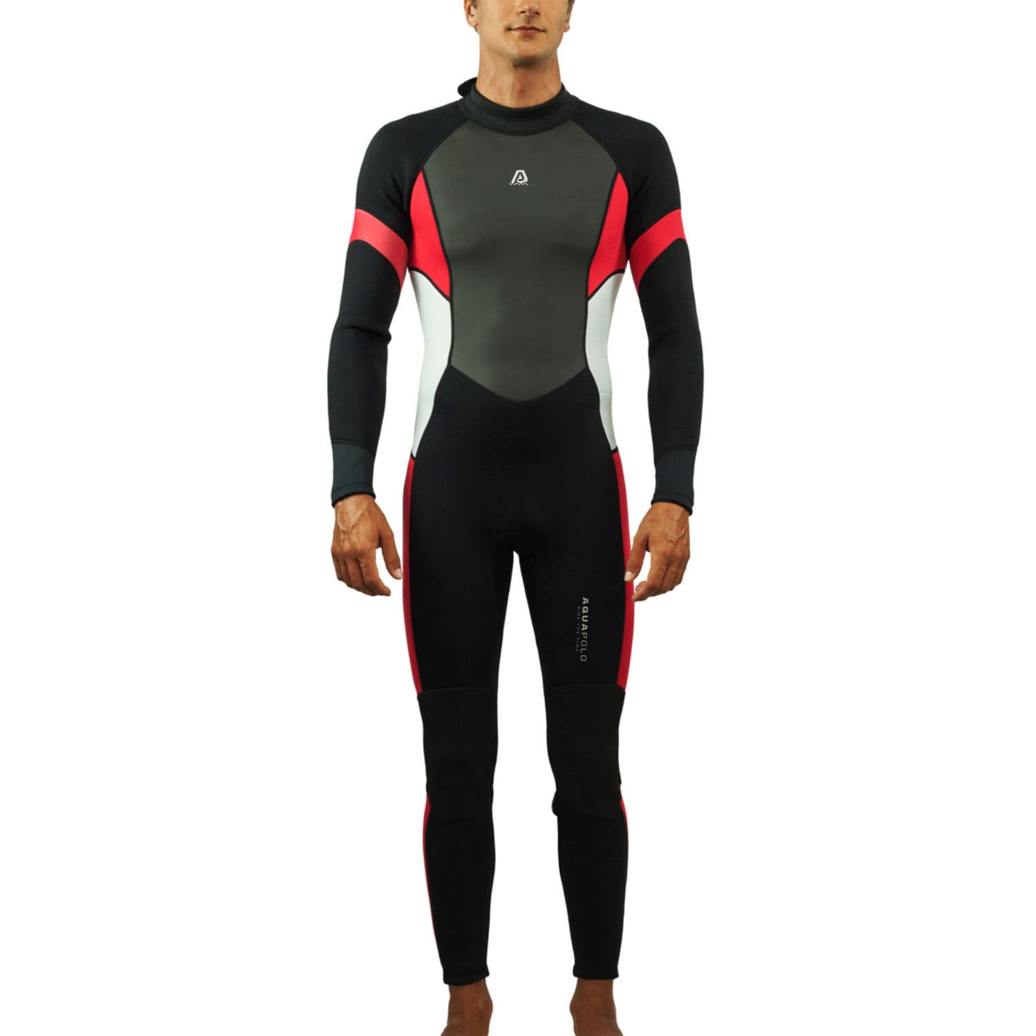 Wetsuits for Men by Aqua Polo | Fullbody 3/2 Neoprene Wetsuit with Shark Skin Chest Panel | Super Stretch Neck Cuffs Ankles (Black/Red, L Tall)