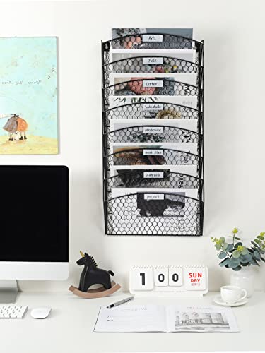 PAG Office Wall Organizer Metal Chicken Wire Hanging File Holder Paper Mail Literature Rack, 8 Pockets, Black