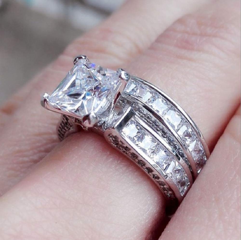 Zhiwen Lovely Ring -2-in-1 Womens Vintage Princess Cut Topaz Cz 10KT White Gold Filled White Diamond Silver Engagement Wedding Band Ring Set Size6-10 (US code 7)