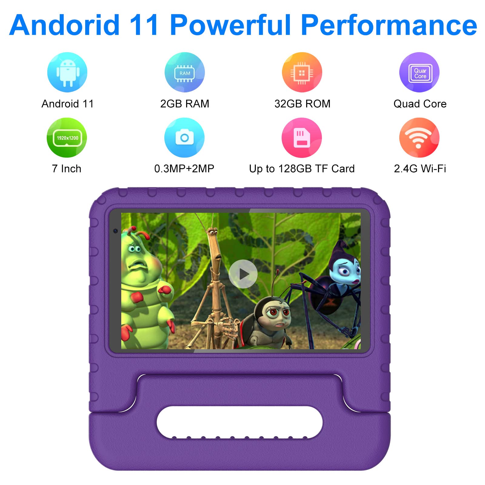 Tablet for Kids, AOCWEI 7 inch Android 11 Toddler Kid Tablet, 2GB RAM 32GB ROM, Quad Core, Parental Control Mode, Kids Software Pre-Installed, Cute Kid-Proof Case, WiFi, Bluetooth, Learning (Purple)